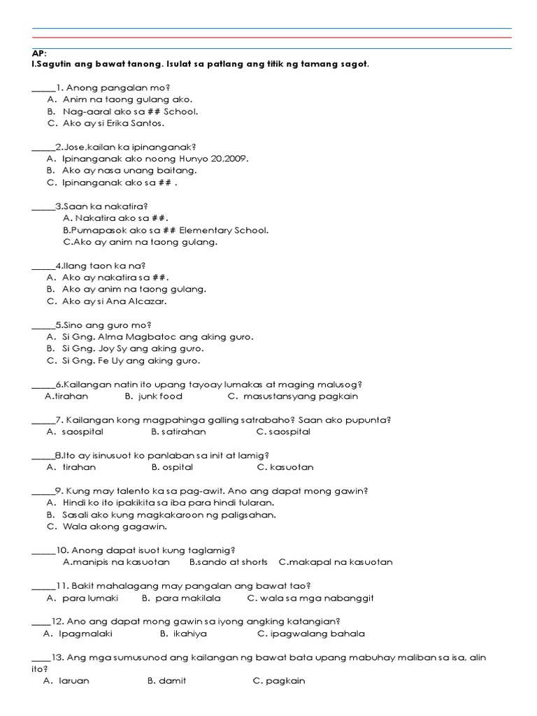 First Periodical Test - Araling Panlipunan Grade 1 | PDF