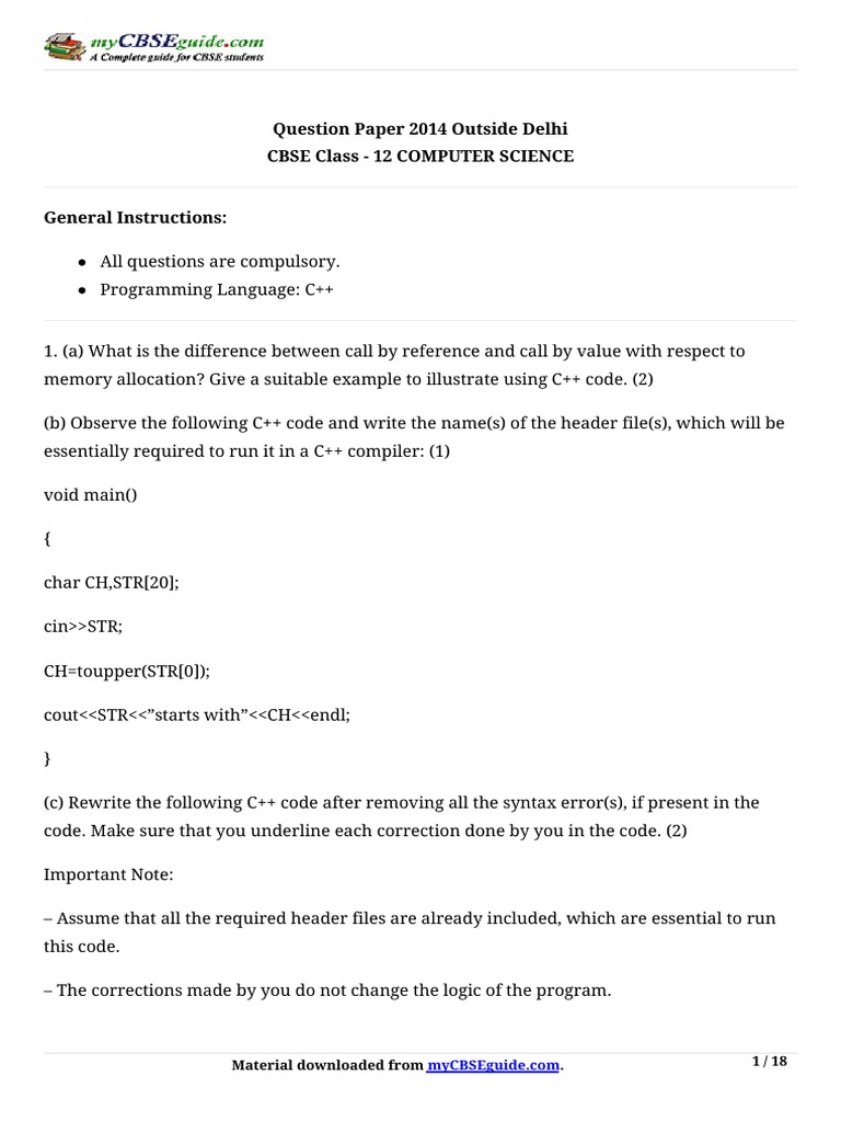 Question Paper 2014 Outside Delhi Cbse Class - 12 Computer Science | PDF | Array Data Structure ...