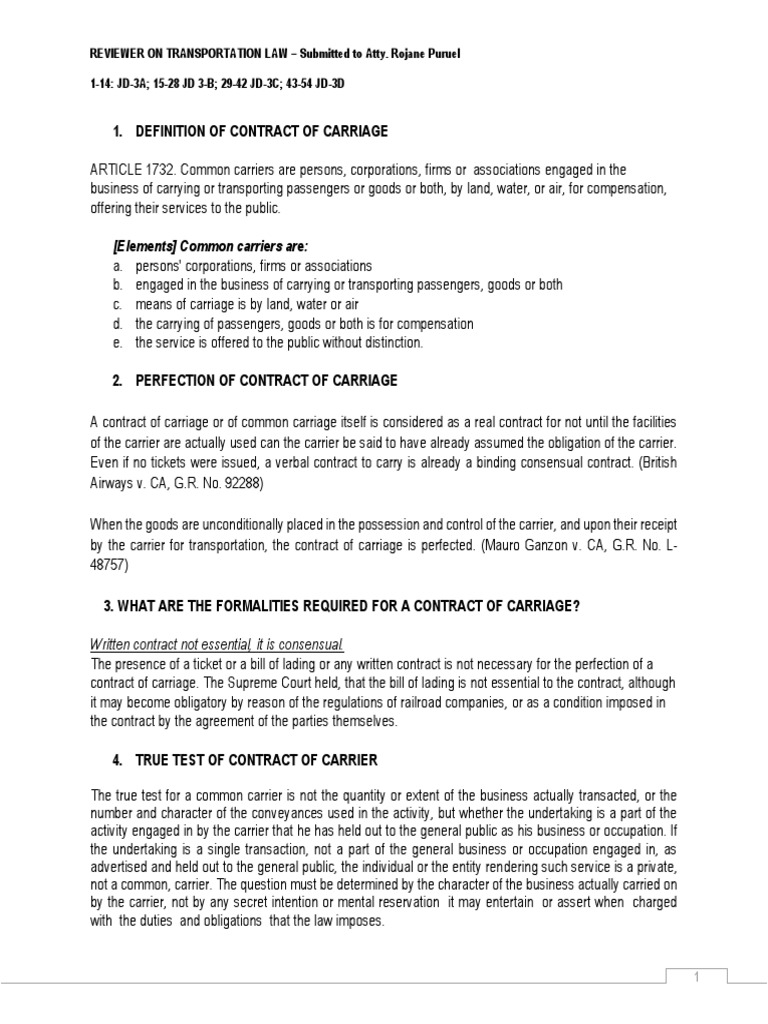 Definition of Contract of Carriage: (Elements) Common Carriers Are ...