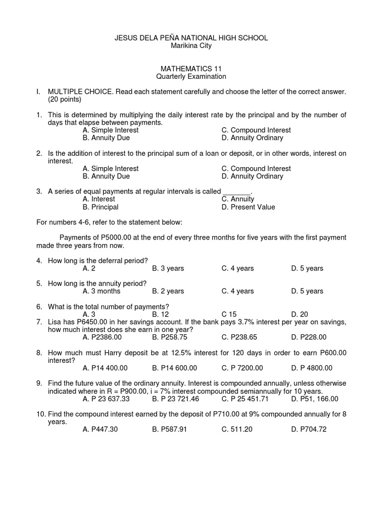 Mathematics Quarterly Examination: Questions on Compound Interest ...