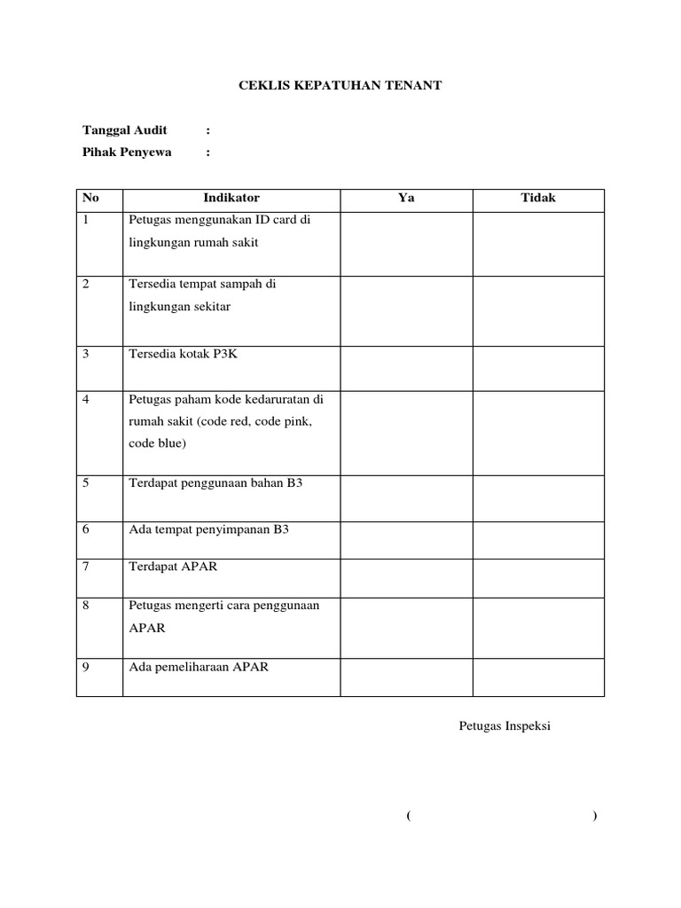 Ceklist Kepatuhan Tenant RS | PDF