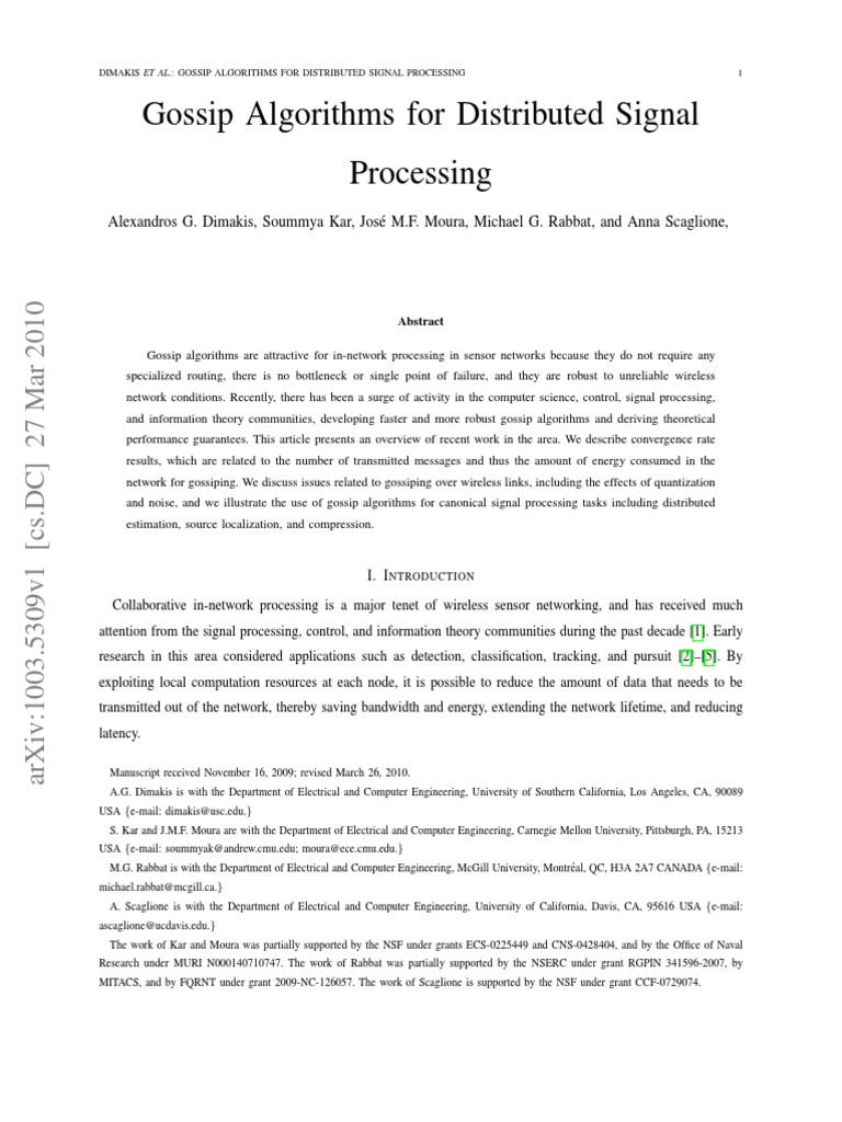 Gossip Algorithms For Distributed Signal Processing | PDF | Routing | Matrix (Mathematics)