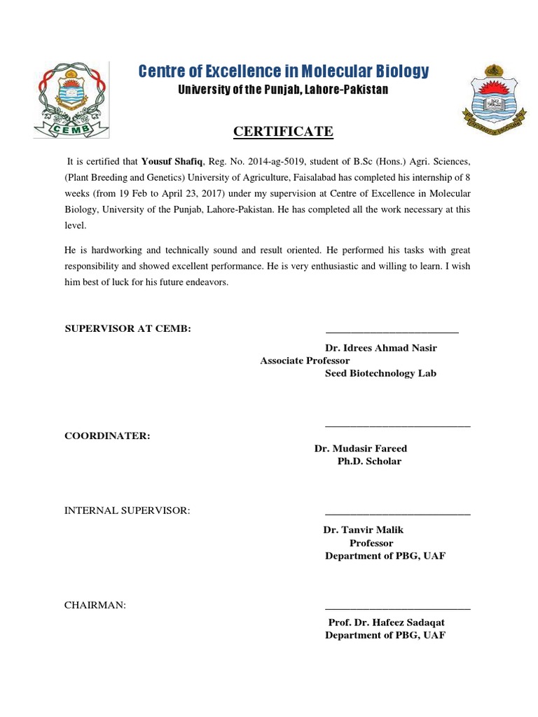 Centre of Excellence in Molecular Biology: Certificate | PDF | Plant ...
