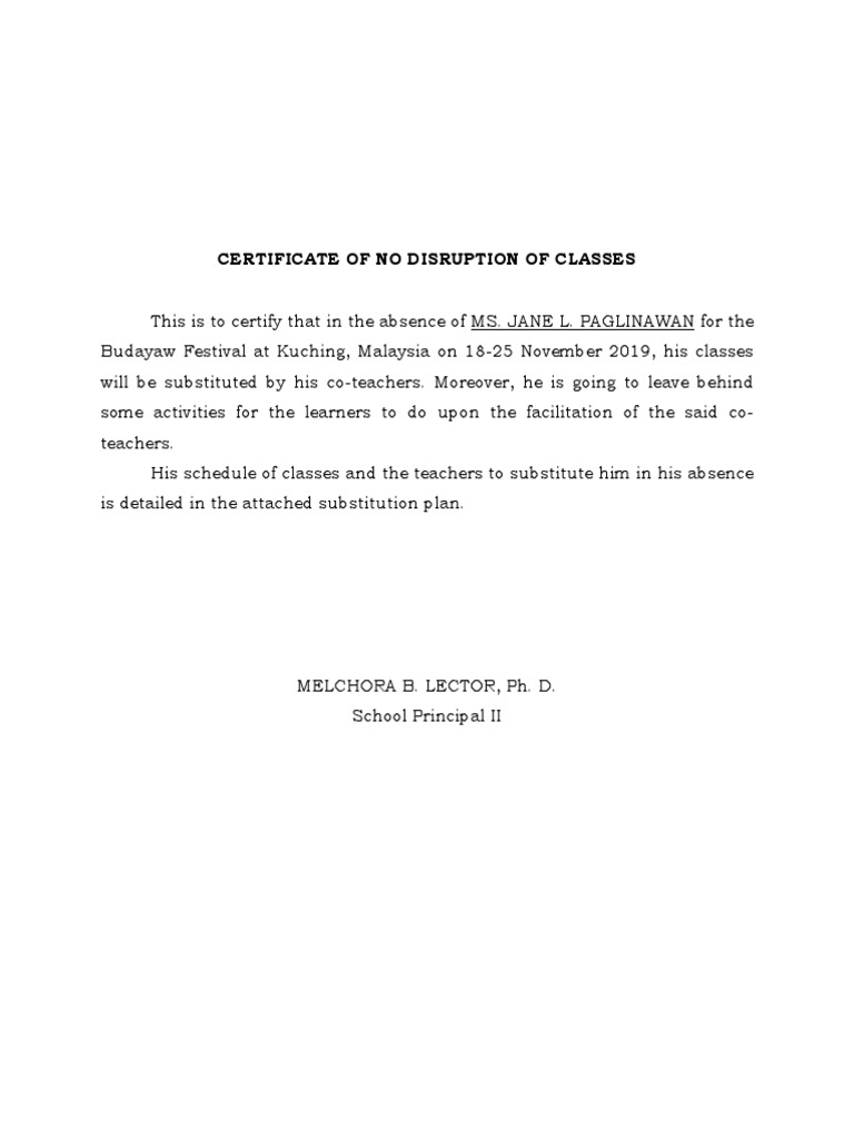 Certificate of No Disruption of Classes | PDF