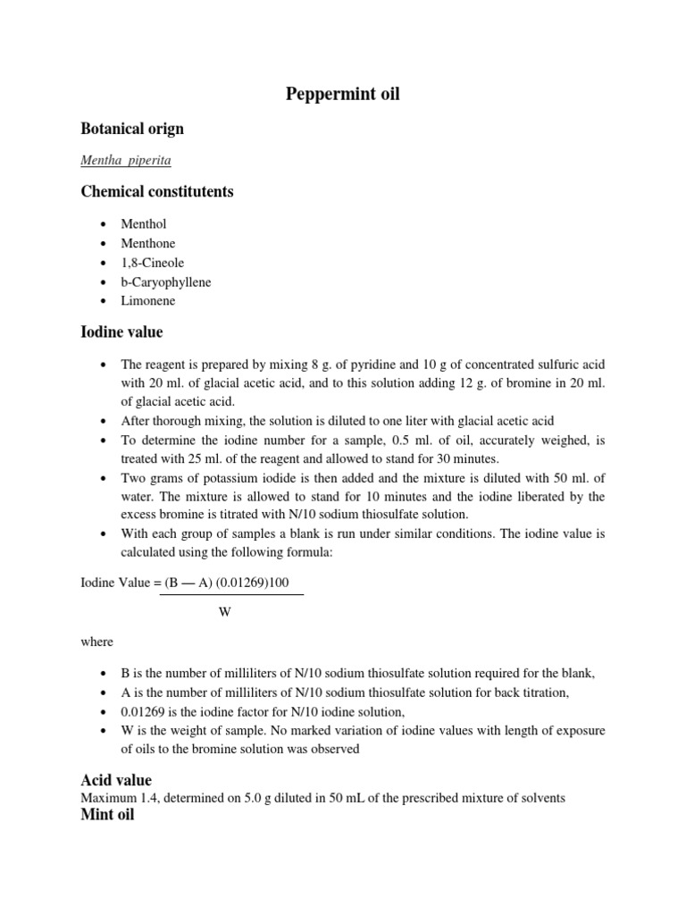 Botanical Orign: Peppermint Oil | PDF | Chromatography | Iodine