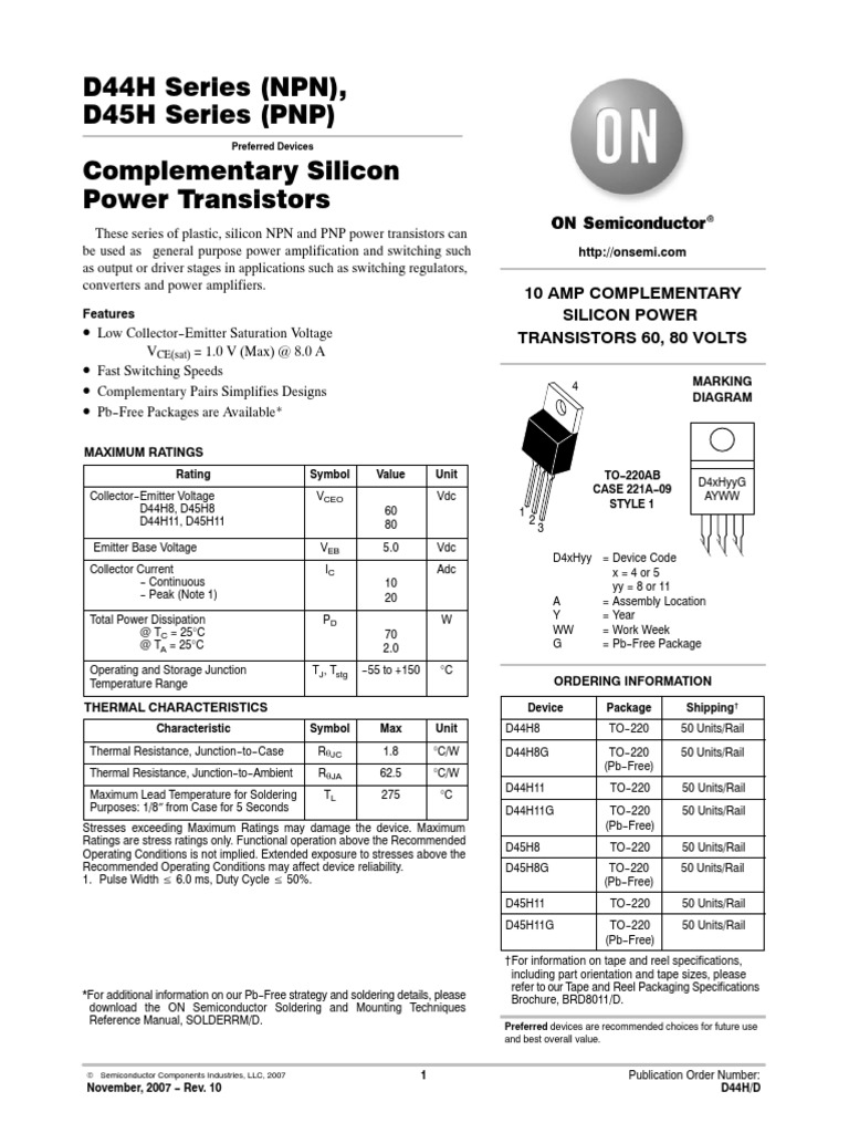 D44H Series (NPN), D45H Series (PNP) Complementary Silicon Power ...