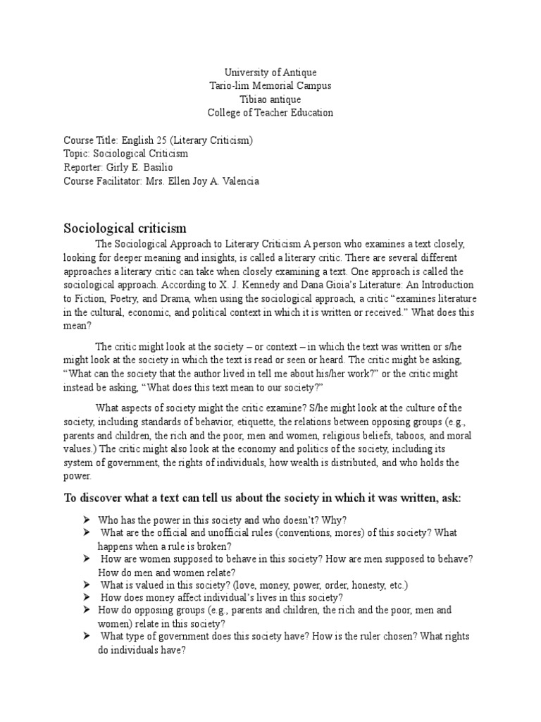 Sociological Criticism: To Discover What A Text Can Tell Us About The ...