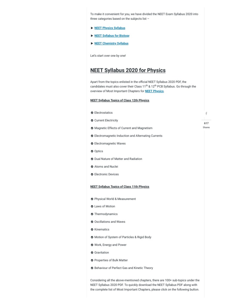 NEET Syllabus 2020 PDF Download For Biology, Physics & Chemistry | PDF ...