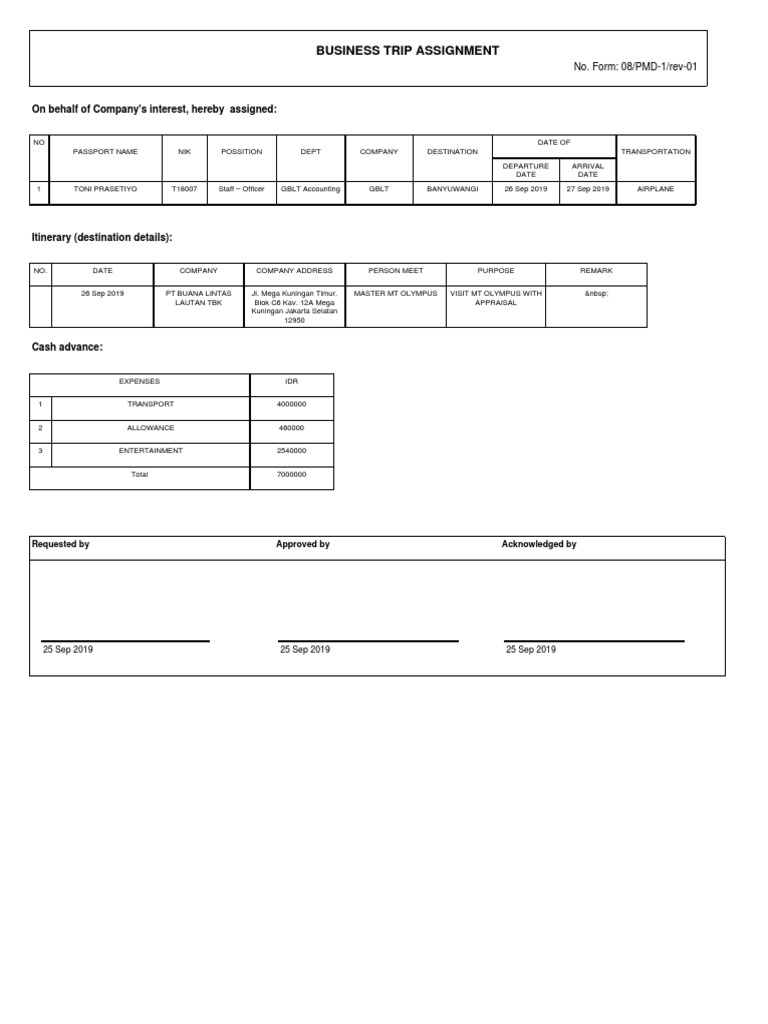 Business Trip Assignment: On Behalf of Company's Interest, Hereby ...