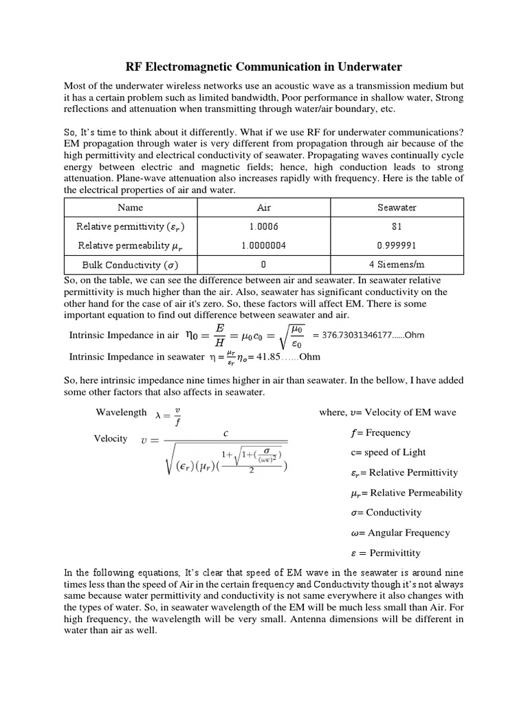 RF Electromagnetic Communication in Underwater | PDF | Attenuation | Waves