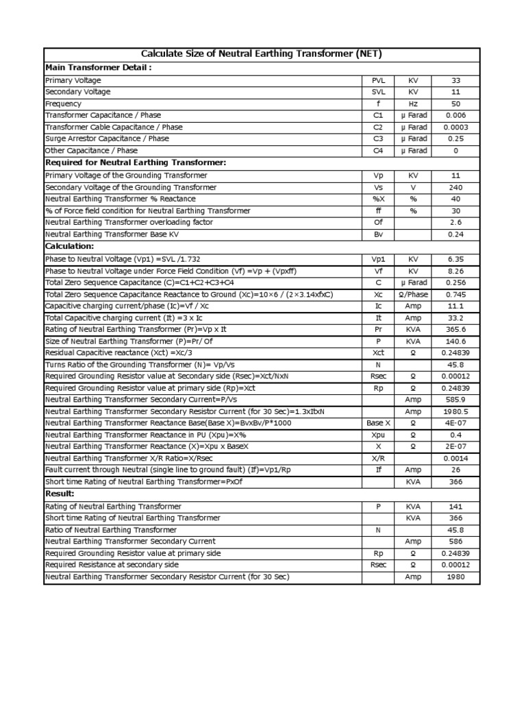 Neutral Earthing Transformer Calculation | Capacitance | Transformer
