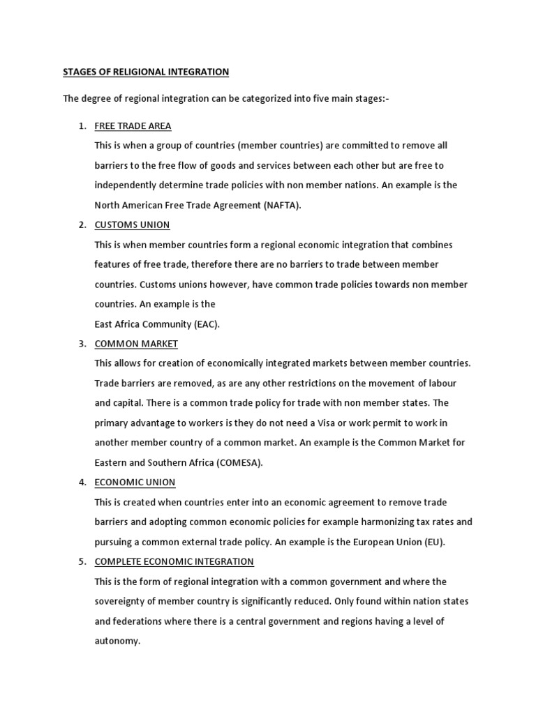 Stages of Regional Integration | PDF | Regional Integration | Economic Integration