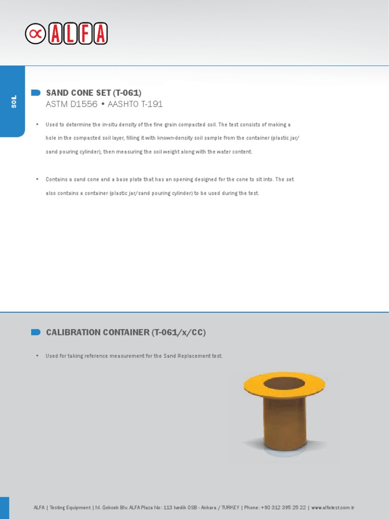 Sand Cone Set (T-061) ASTM D1556 - AASHTO T-191 | PDF | Sand ...