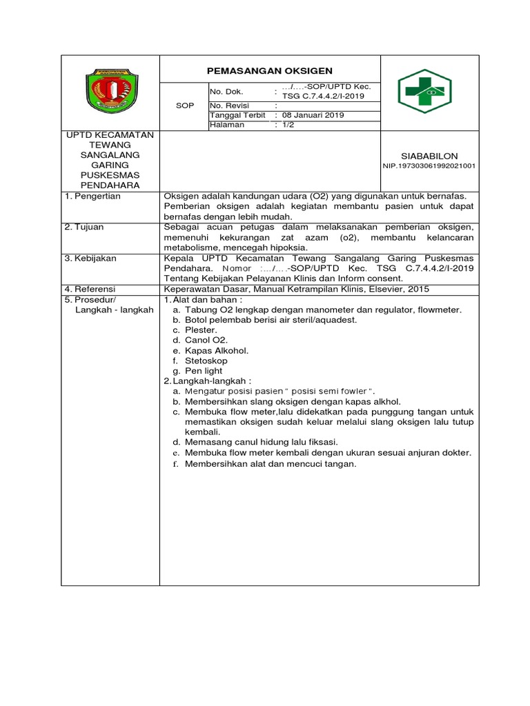 Sop Pemasangan Oksigen | PDF