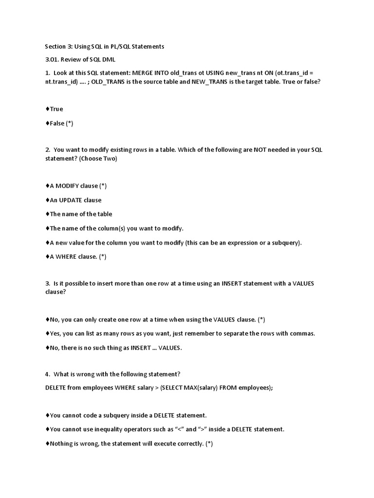 PLSQL Section 3 Quiz | PDF | Pl/Sql | Computer Data