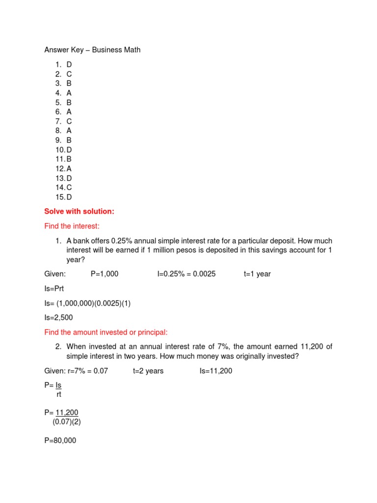Business Math Answer Key | PDF