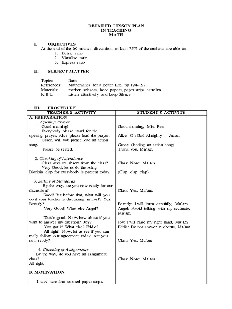 Detailed Lesson Plan in Teaching Math I. Objectives | PDF | Ratio