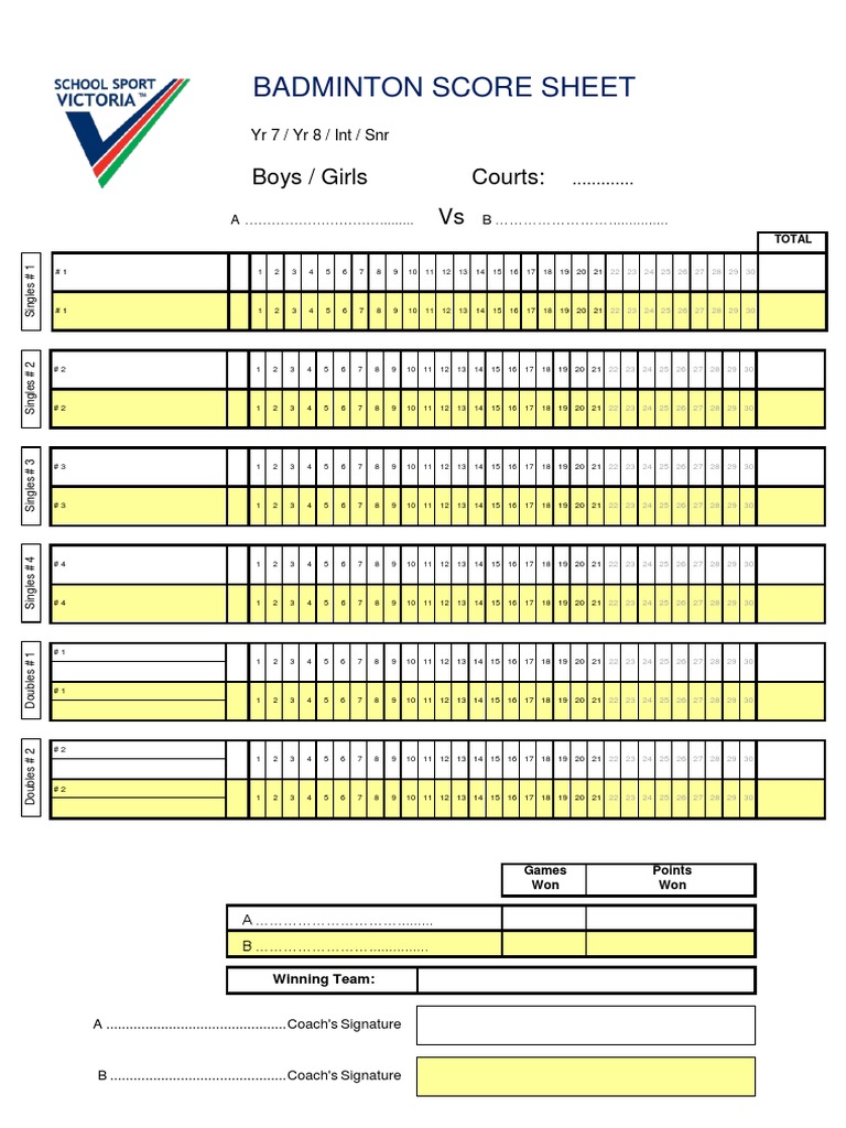 Badminton Score Sheet: Boys / Girls Courts: Vs | PDF | Leisure | Sports
