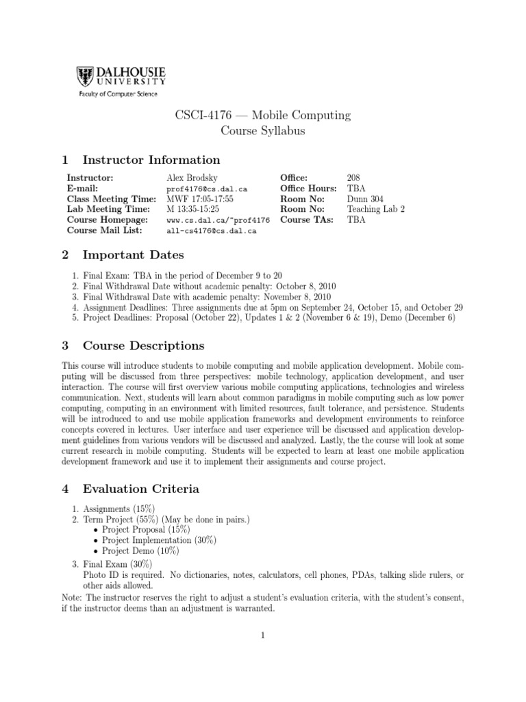 CSCI-4176 - Mobile Computing Course Syllabus 1 Instructor Information ...
