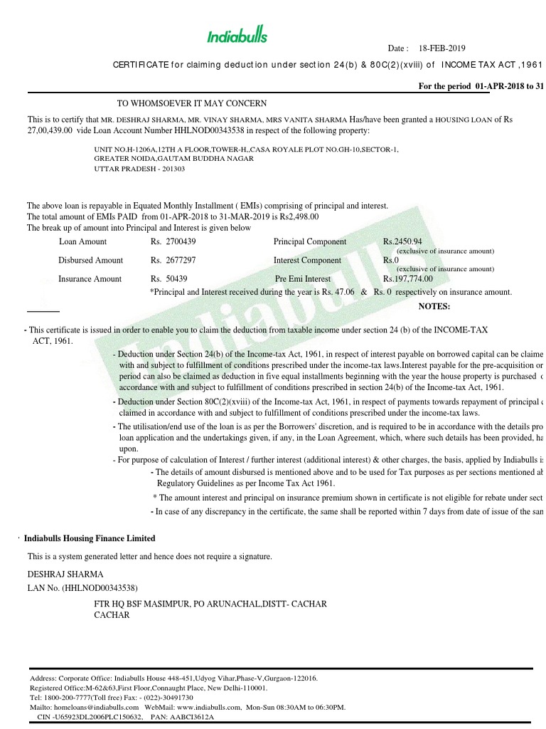CERTIFICATE For Claiming Deduction Under Section 24 (B) & 80C (2 ...