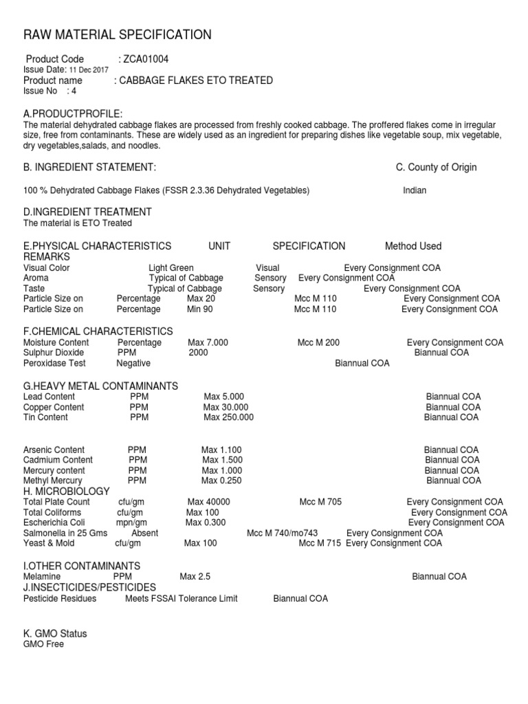 RAW MATERIAL SPECIFICATION-Cabbage | PDF | Food Safety | Cabbage