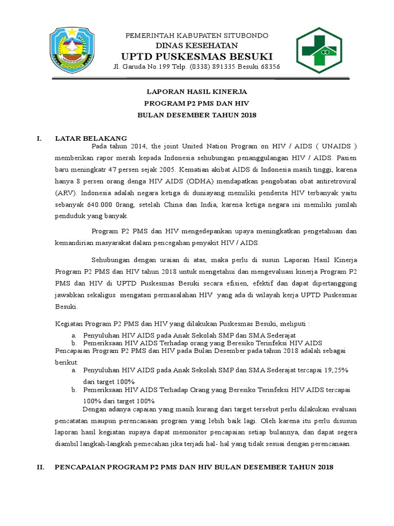 Laporan Kinerja P2 PMS & HIV Desember 2018 | PDF