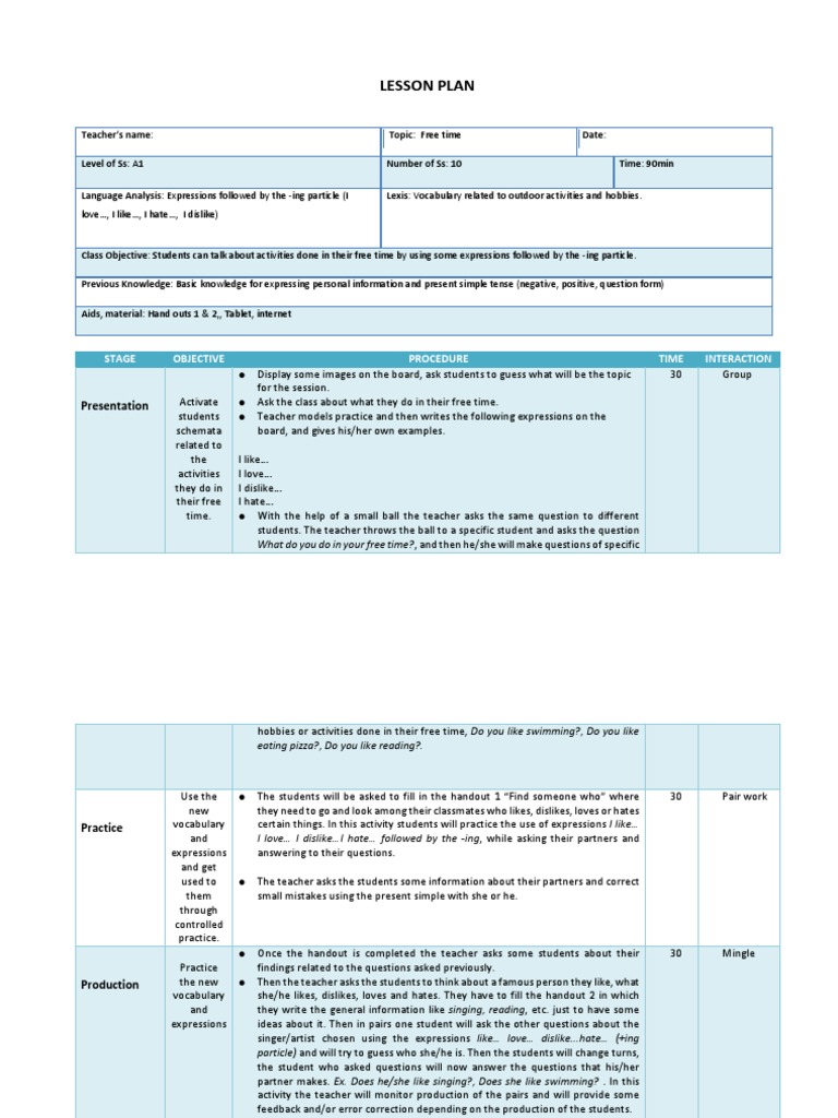 Lesson Plan ESL Sample | PDF | Question | Lesson Plan