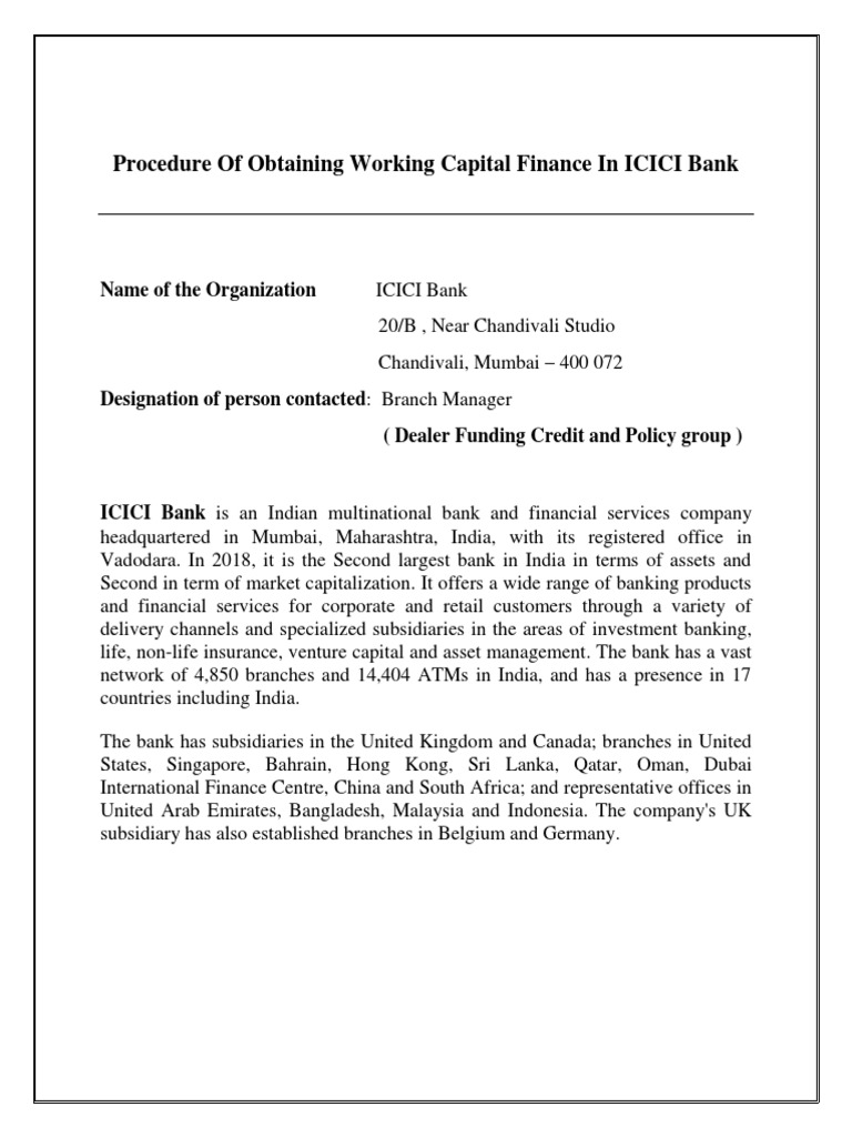 ICICI Bank Working Capital Loan Process | PDF | Financial Services ...