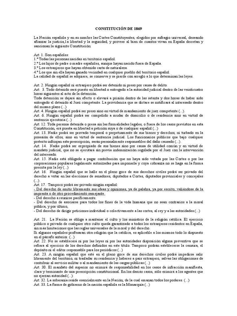 Constitución 1869 | PDF | Cortes Generales | Separación de poderes