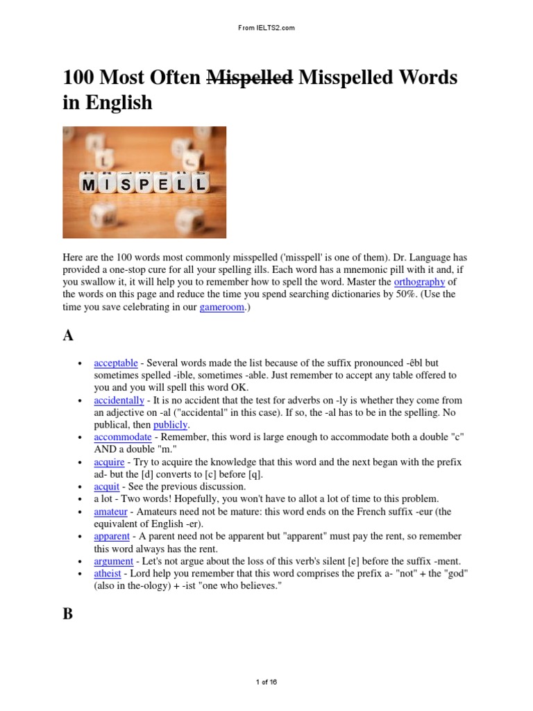 Common Misspelled Words - PDF Version 1 PDF | PDF | English Language ...