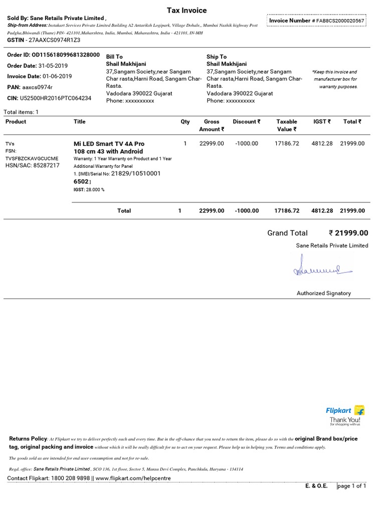 An Invoice for the Sale of a Mi LED Smart TV from Sane Retails Private ...