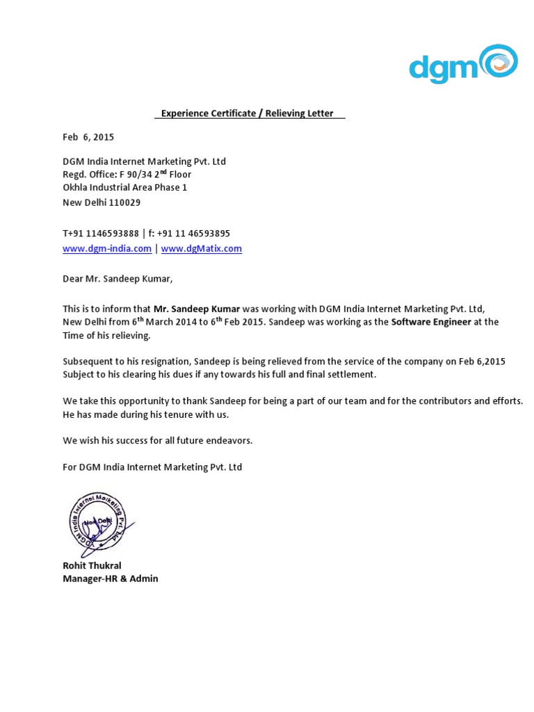 Indian Work Experience Letter Sample Job Experience Certificate Sample