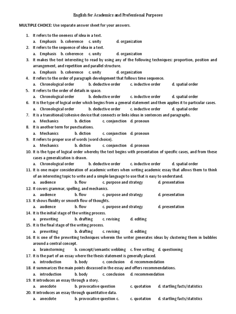 MULTIPLE CHOICE: Use Separate Answer Sheet For Your Answers | PDF ...