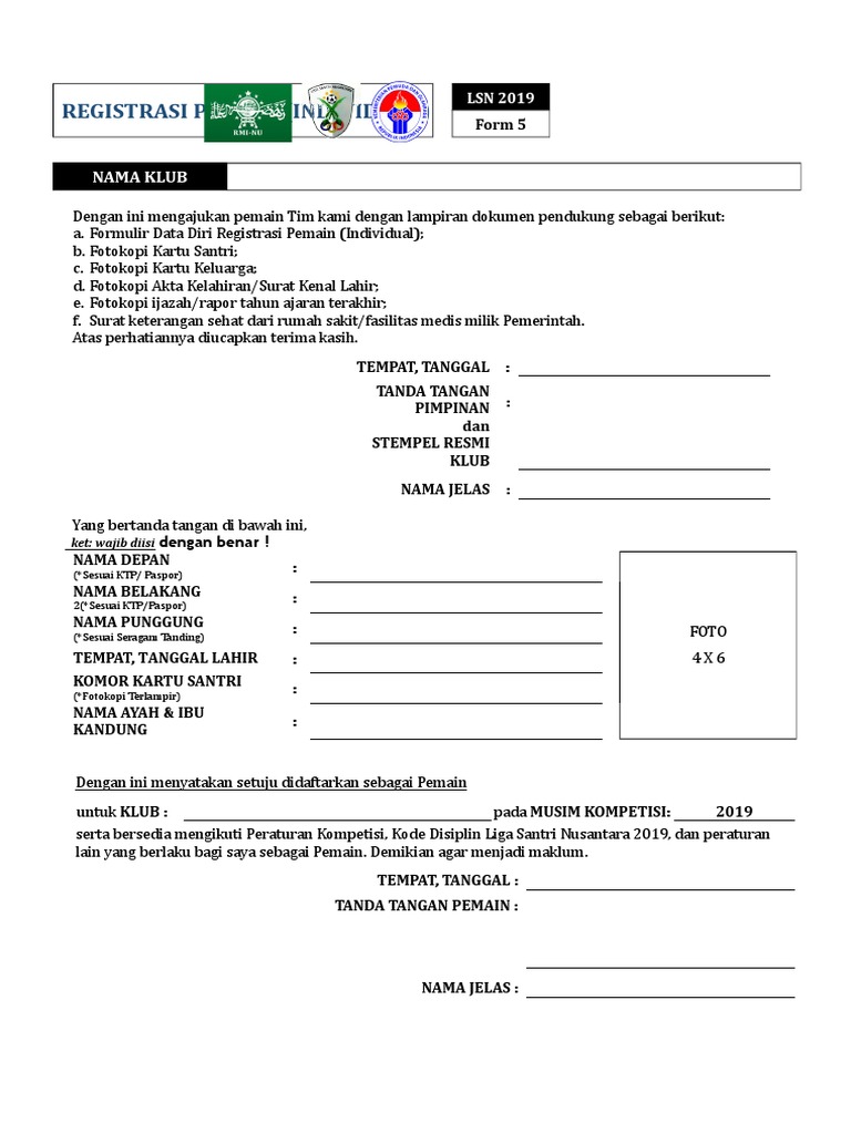 LSN 2019 - Form 5 - Registrasi Pemain Individual | PDF