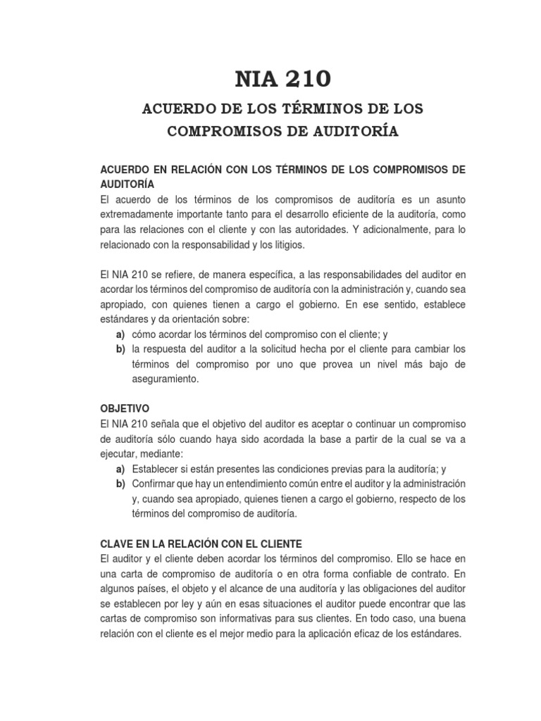 Nia 210 | PDF | Auditoría | Contralor