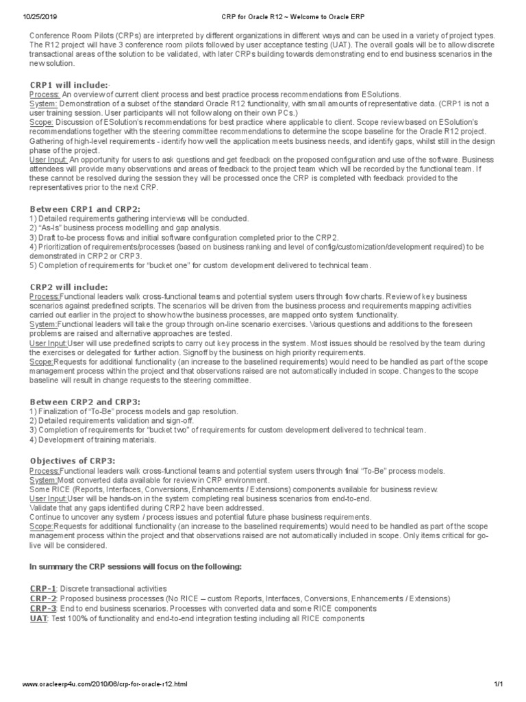 Crp For Oracle R12 Welcome To Oracle Erp Pdf Business Process 6971