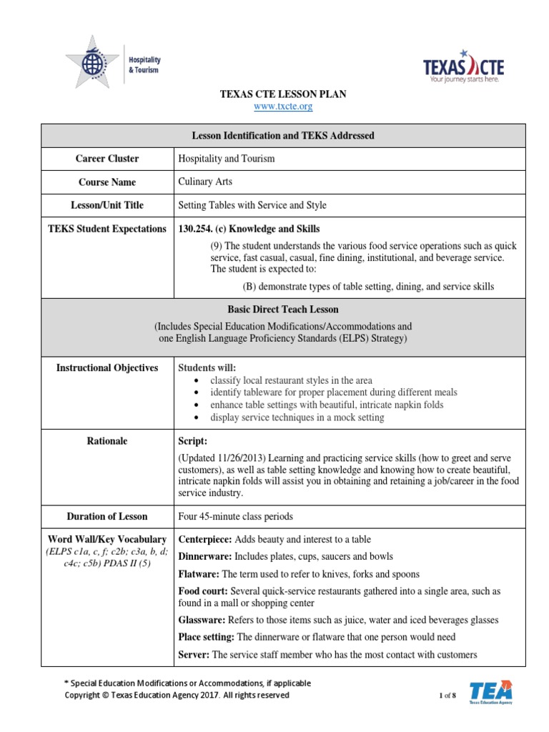 Lesson Plan Setting Tables With Service and Style | PDF | Tableware ...