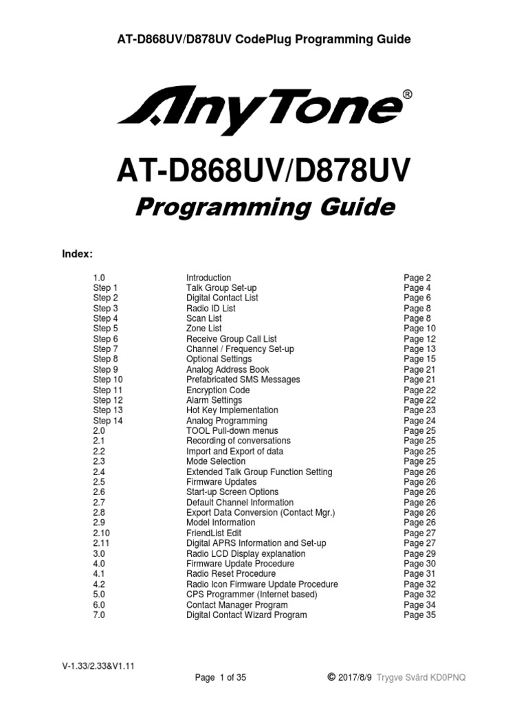 At-D868UV D878UV Programming Guide 1.33 | PDF | Device Driver | Electronics