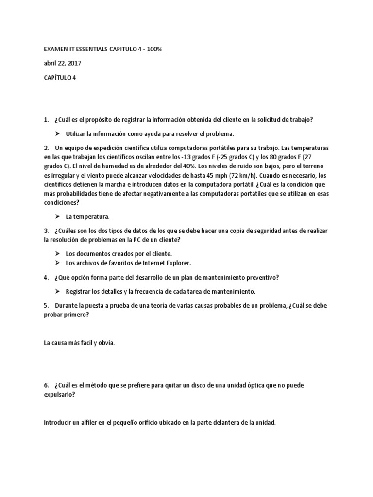 Examen It Essentials Capitulo 4 | PDF | Computadoras personales | Software