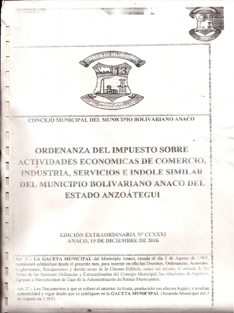 Ordenanza Sobre Actividades Economicas. Municipio Anaco. de Diciembre 2016 | PDF