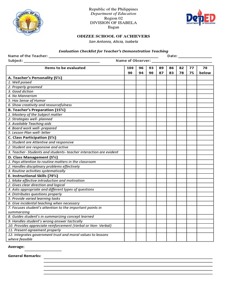 Evaluation Checklist for Teacher's Demonstration Teaching | PDF