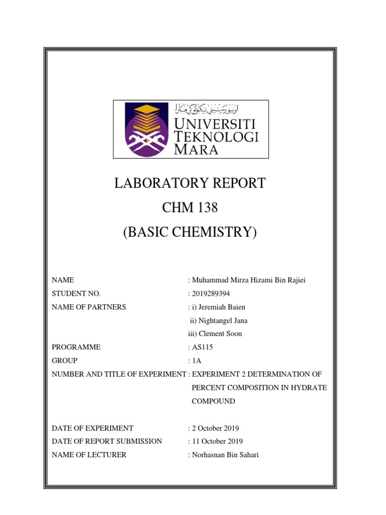 Lab Report Experiment 2 Chm 138 Pdf Mole Unit Properties Of Water