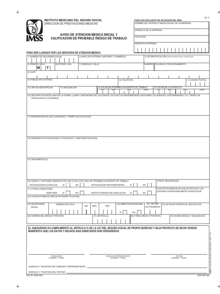 Formato ST-7 IMSS: Atención Médica Inicial | PDF | Salud y bienestar ...