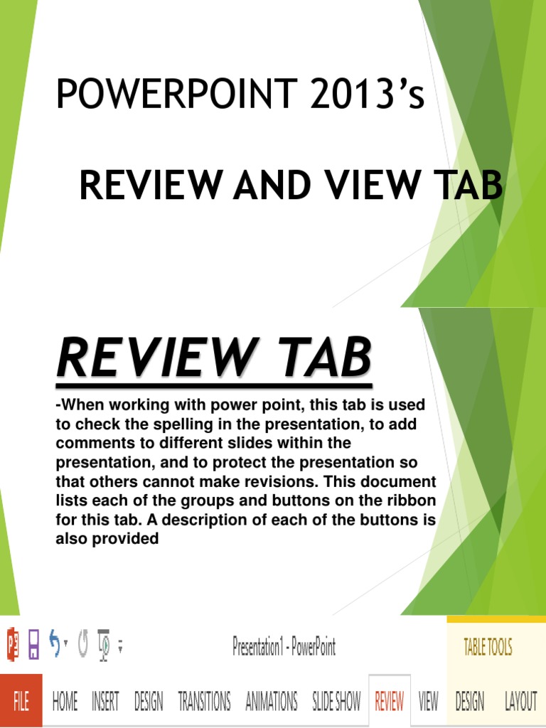 REVIEW AND VIEW TAB Final | PDF | Tab (Gui) | Microsoft Power Point
