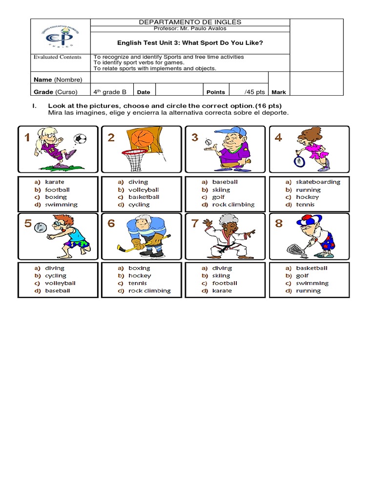 English Sports Activity Test | PDF