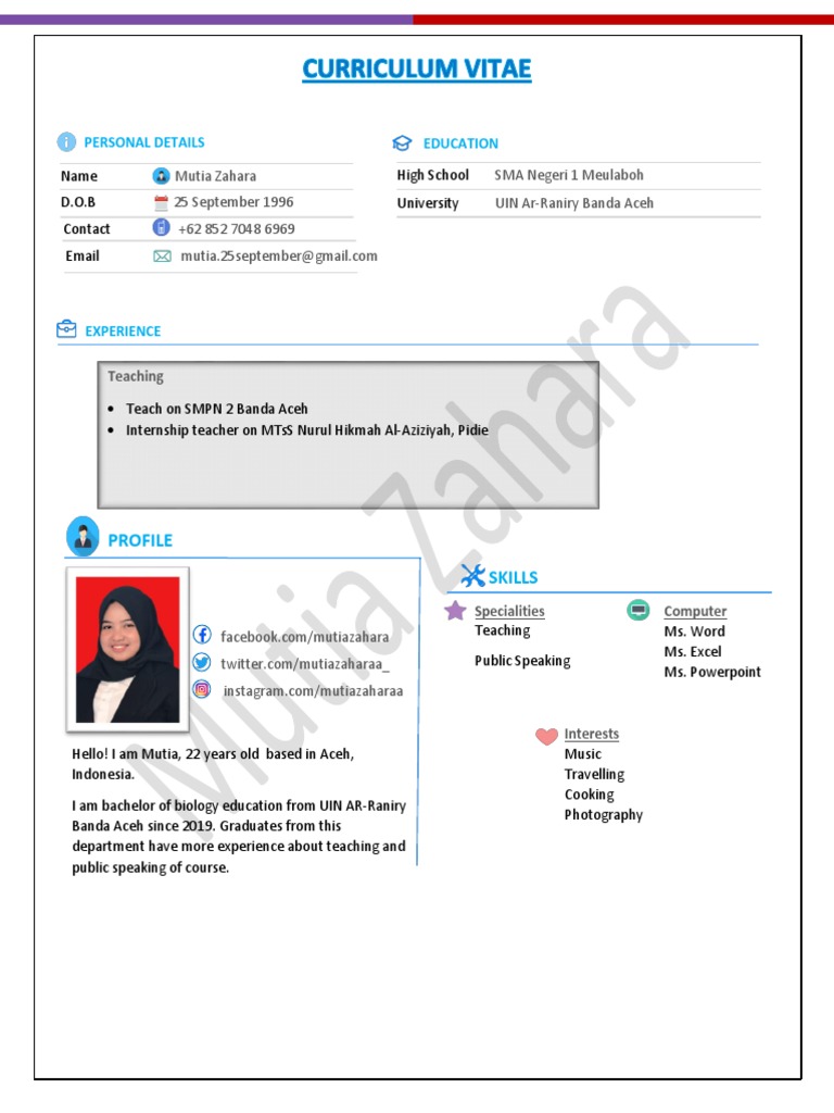 CV Mutia Zahara | PDF