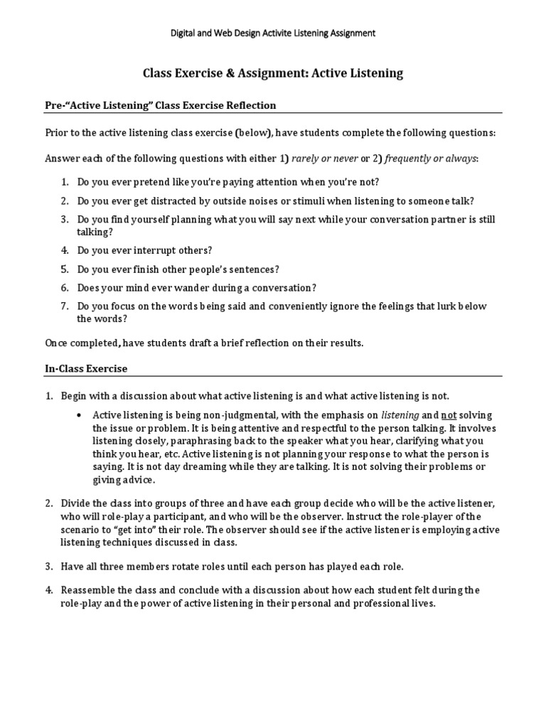 Activelisteningclassexercise Assignment | PDF