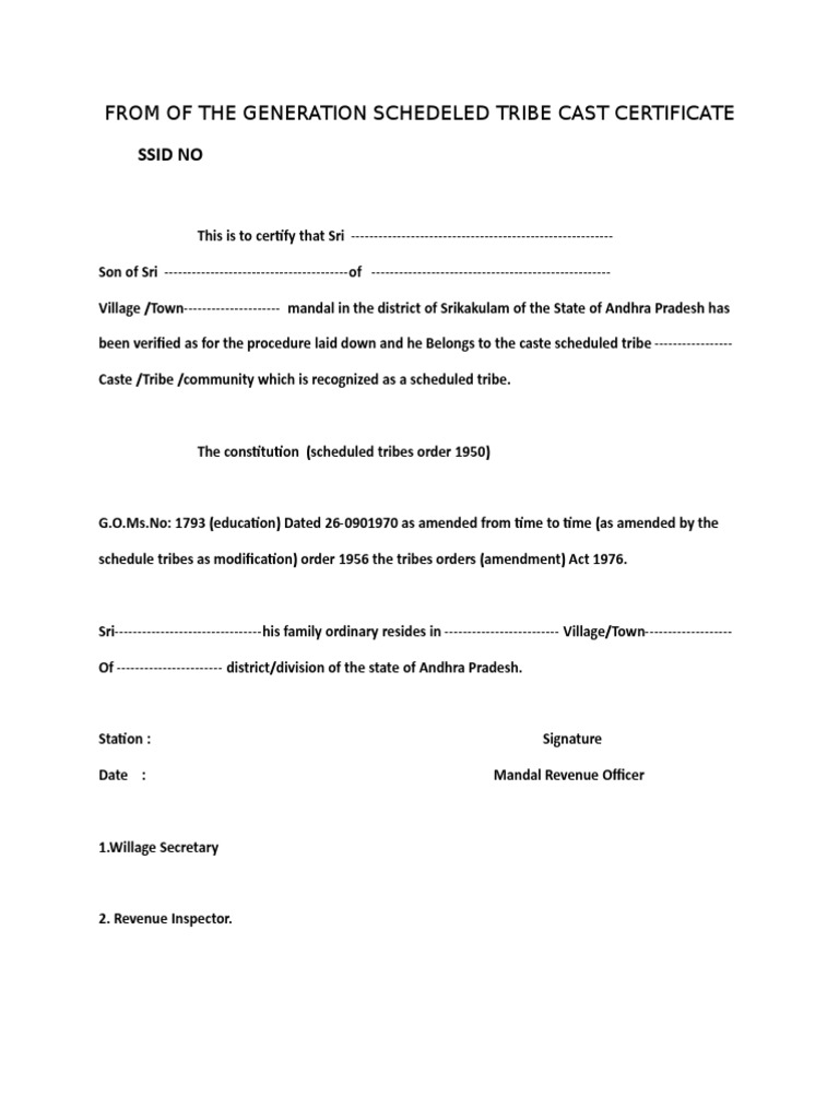 SC/ST Caste Certificate Format AP | PDF