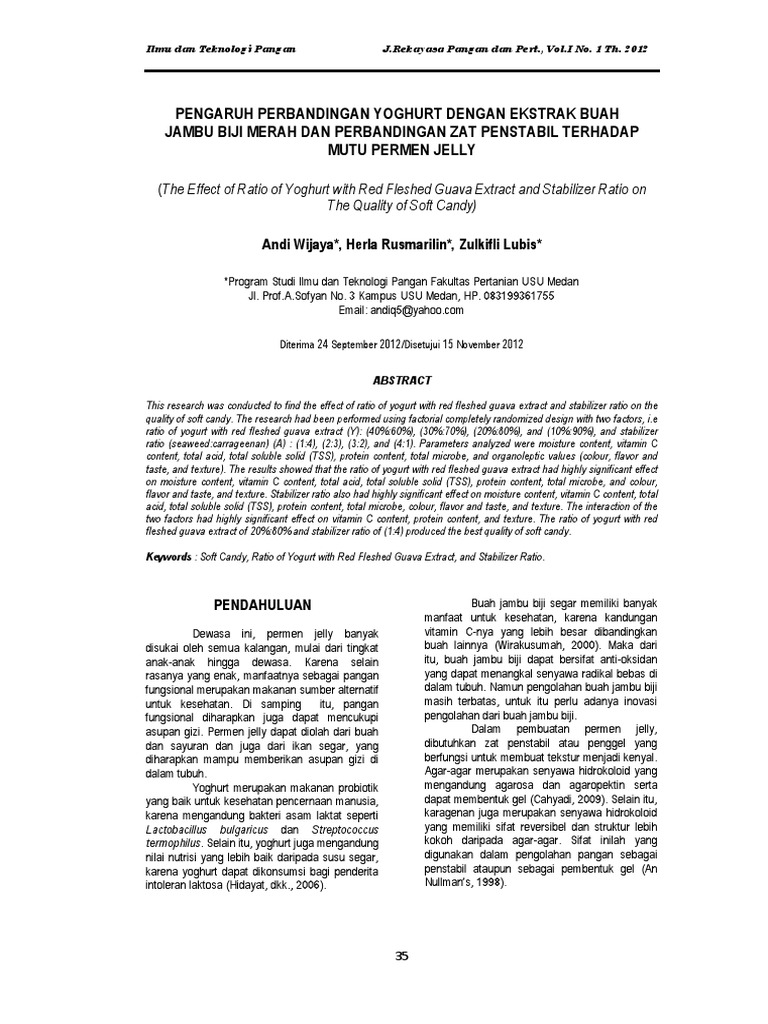 Pengaruh Perbandingan Yoghurt Dengan Ekstrak Buah Jambu Biji Merah Dan Perbandingan Zat ...