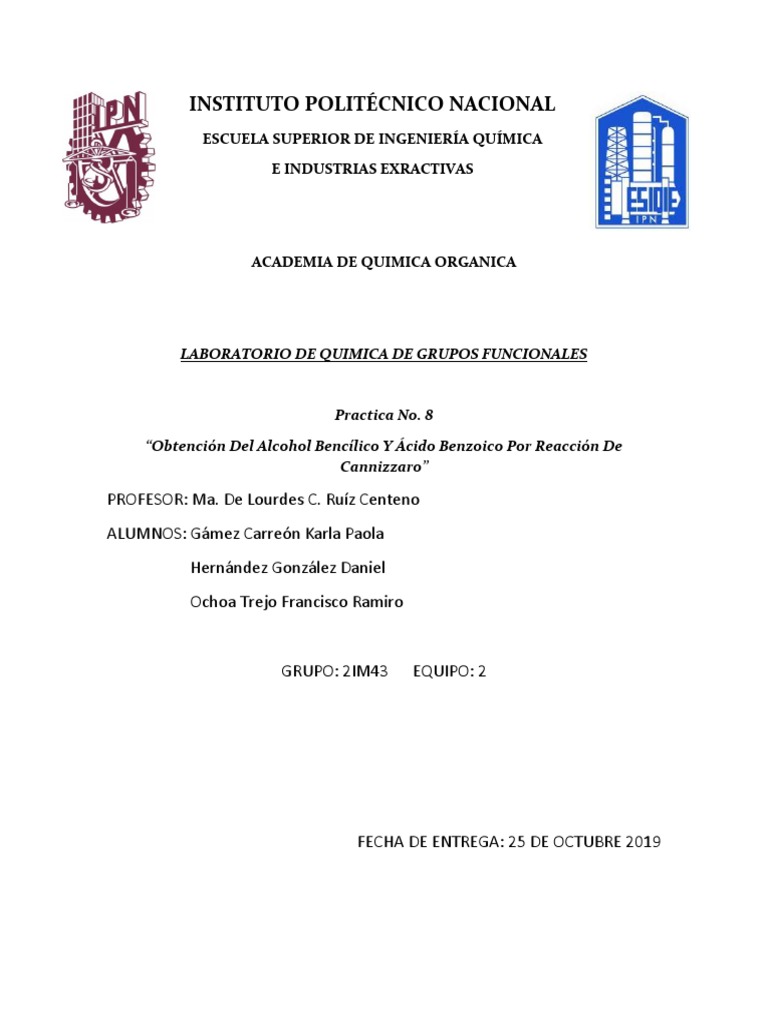 p.8 Obtención Del Alcohol Bencílico Y Ácido Benzoico Por Reacción de Cannizzaro | PDF ...